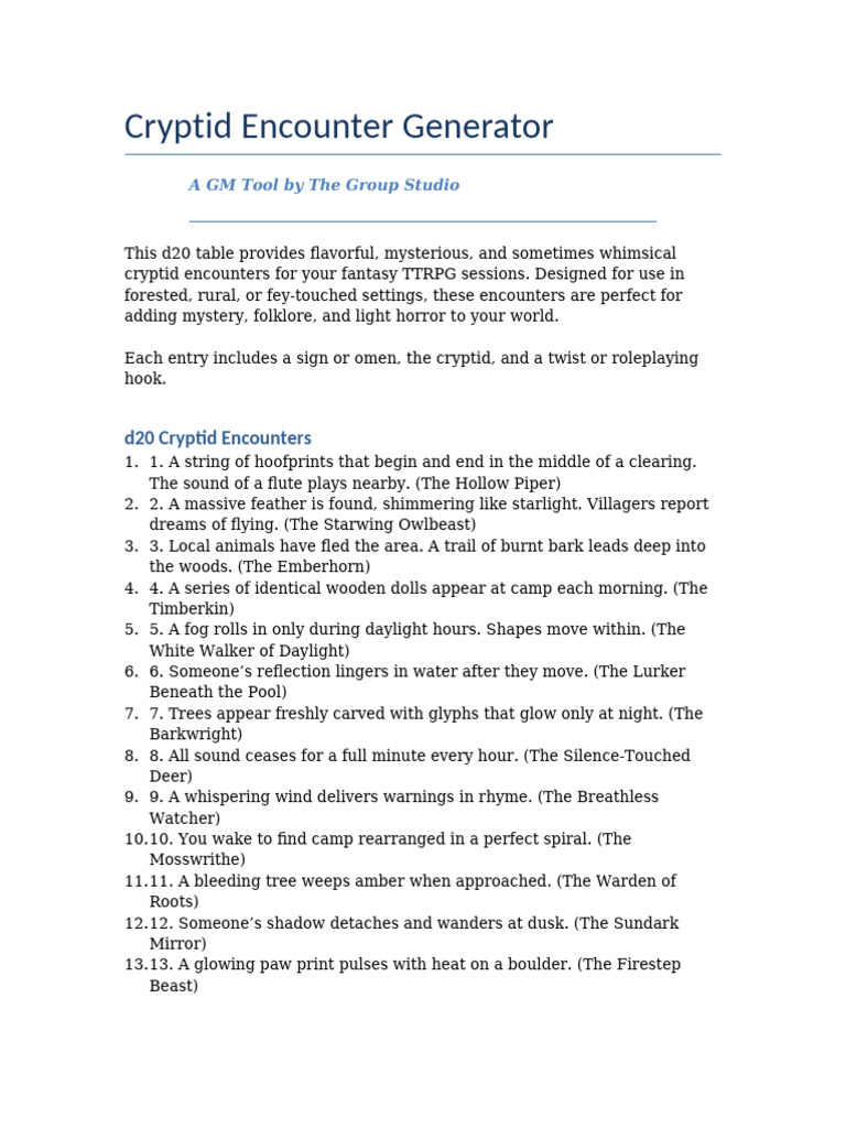 Cryptid Encounter Generator - The Group Studio | PDF