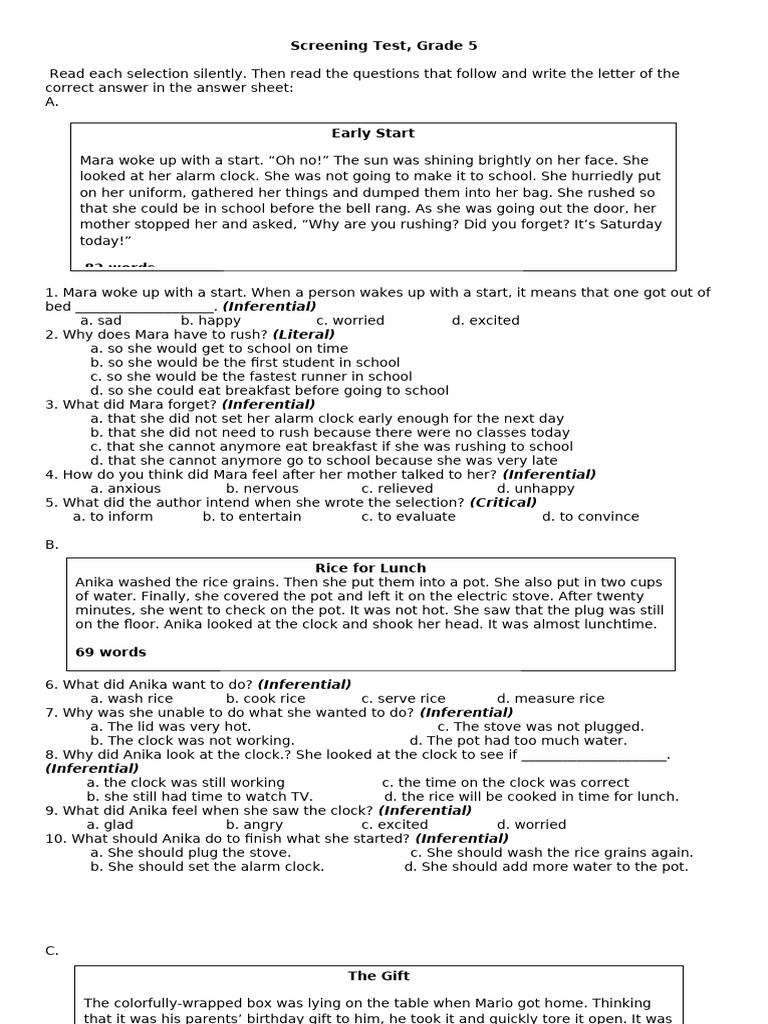 Group Screening Test GRADE 5 | PDF