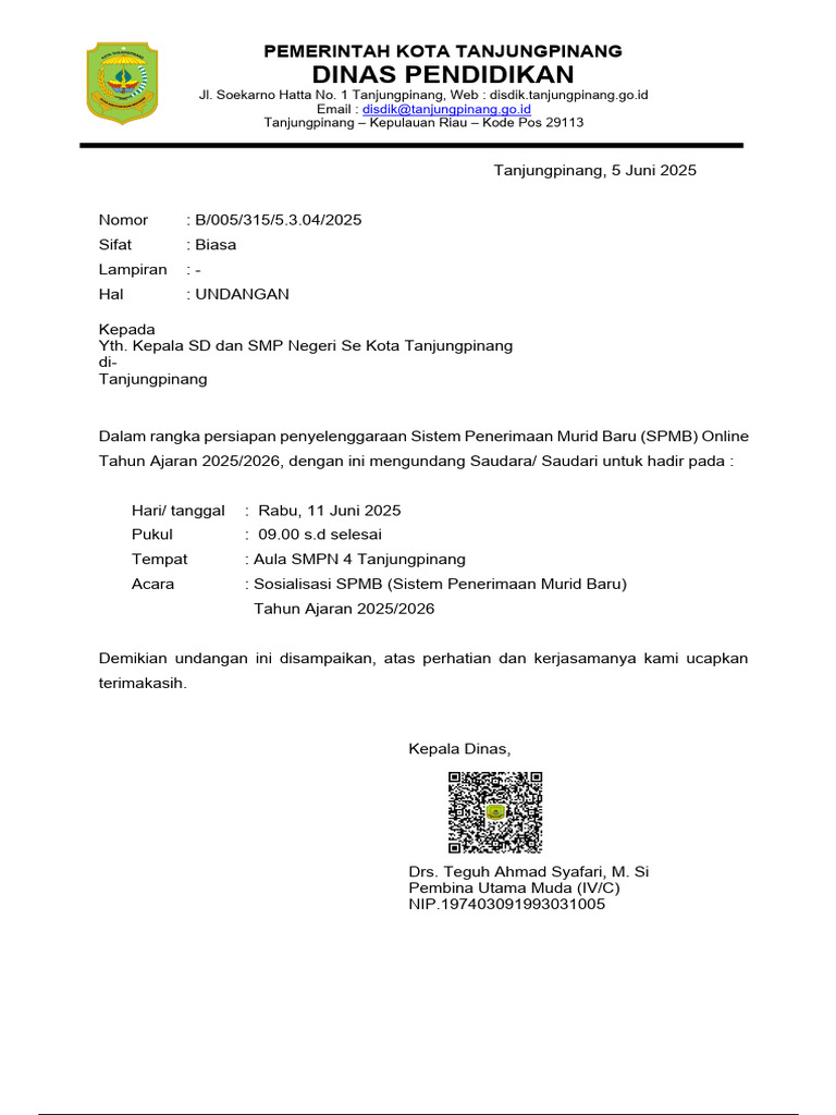 Undangan Sosialisasi SPMB 2025 Tanjungpinang | PDF