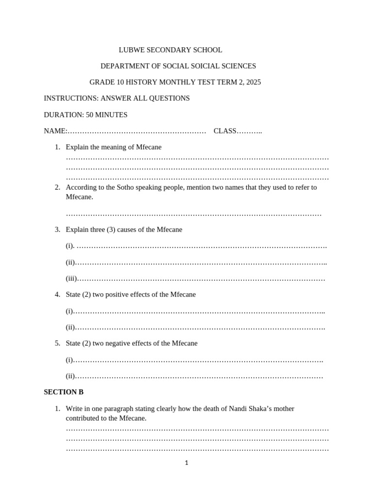 g10 History Monthly Test, Term 2, 2025 | PDF