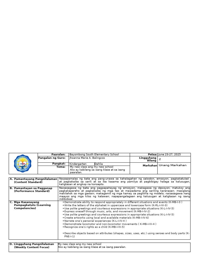 Week2 Matatag LP Exemplar | PDF