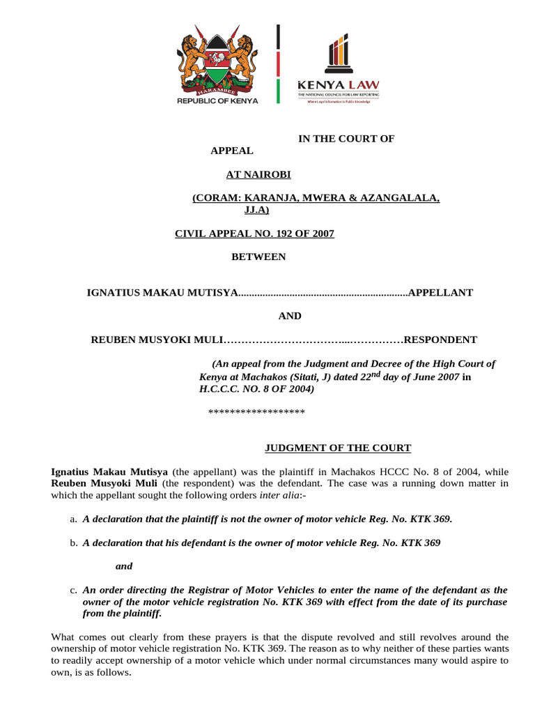Ignatius Makau Mutisya V Reuben Musyoki Muli 2015KECA612 (KLR) | PDF | Burden Of Proof (Law ...