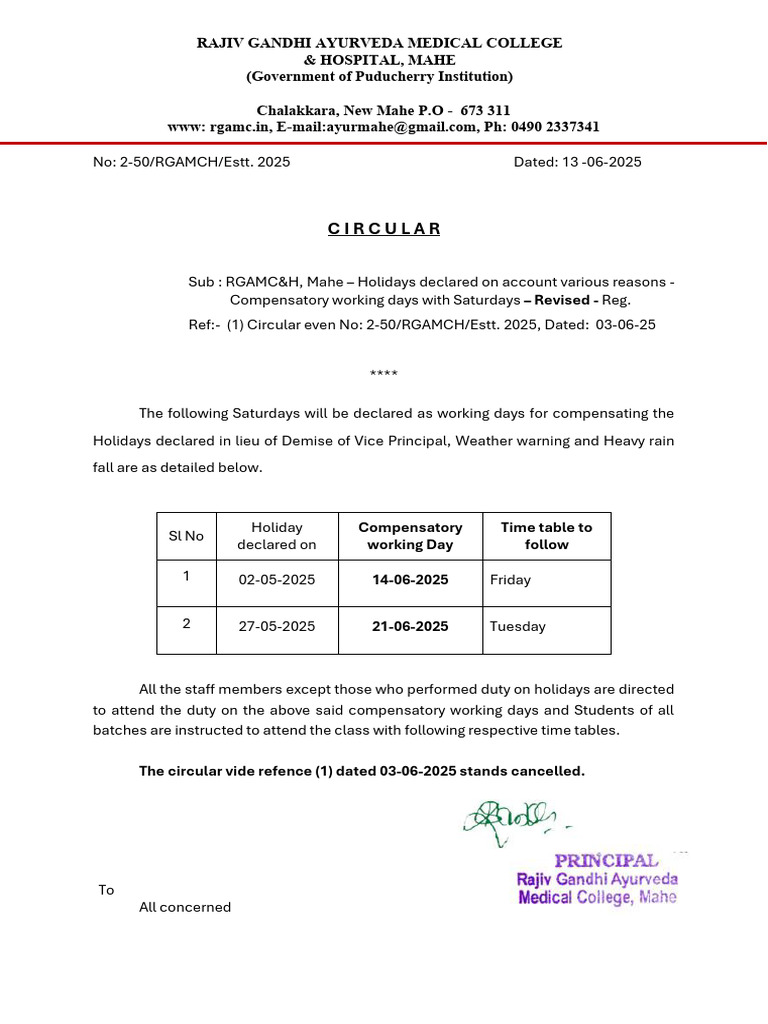 Circular - Working Day Revised | PDF