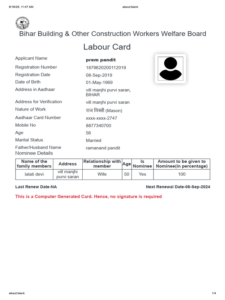 Prem Pandit Labour Card | PDF