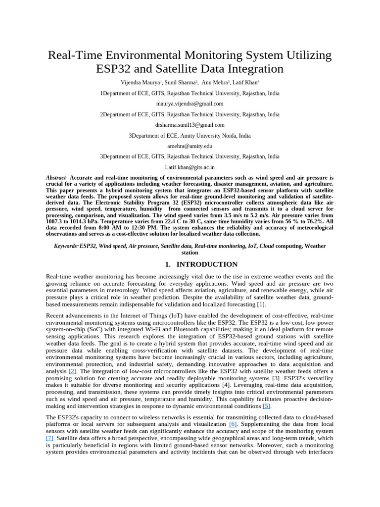 Real Time Environmental Monitoring System Utilizing Esp32 and Satellite Data Integration | PDF ...
