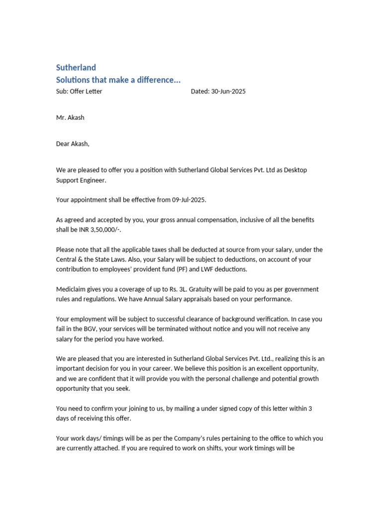 Sutherland Offer Letter for Desktop Support | PDF