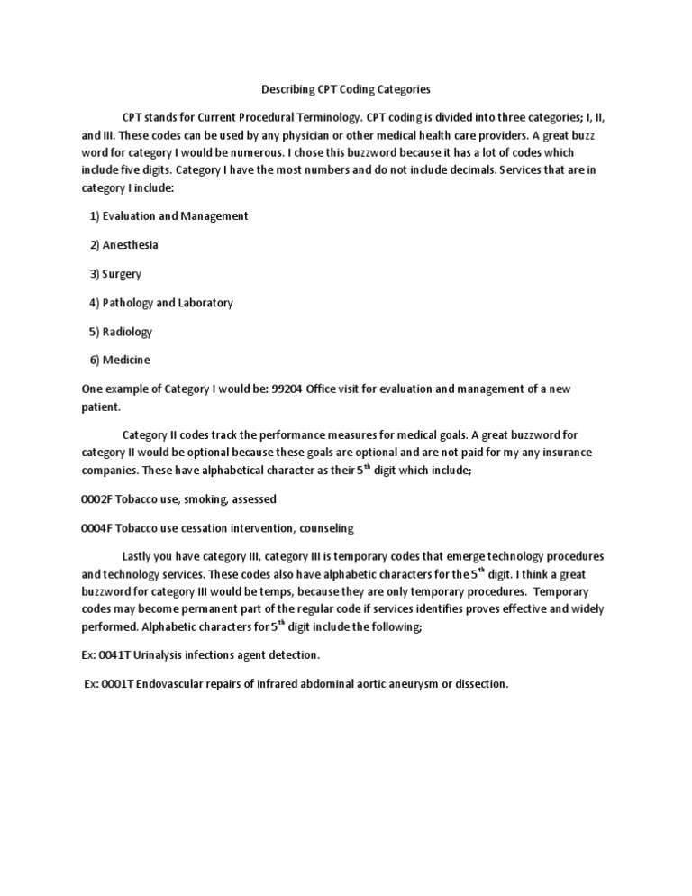 Describing Cpt Coding Categories Pdf