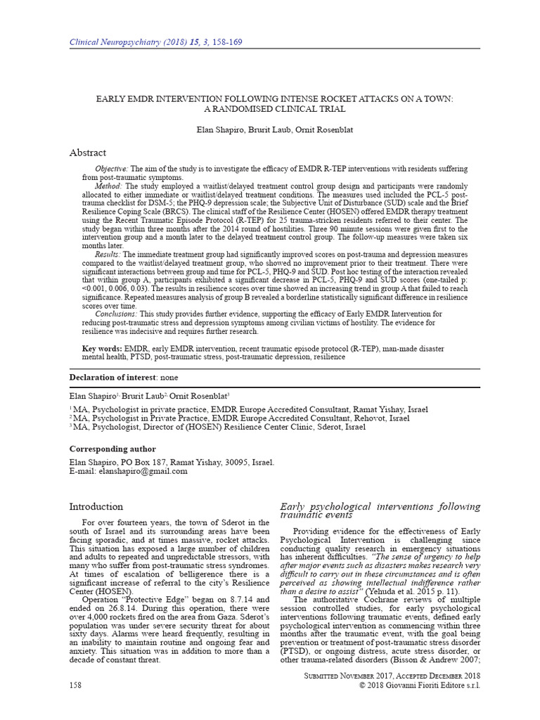 Elan Shapiro 2018 - Early EMDR Emdr Intervention Following Intense ...