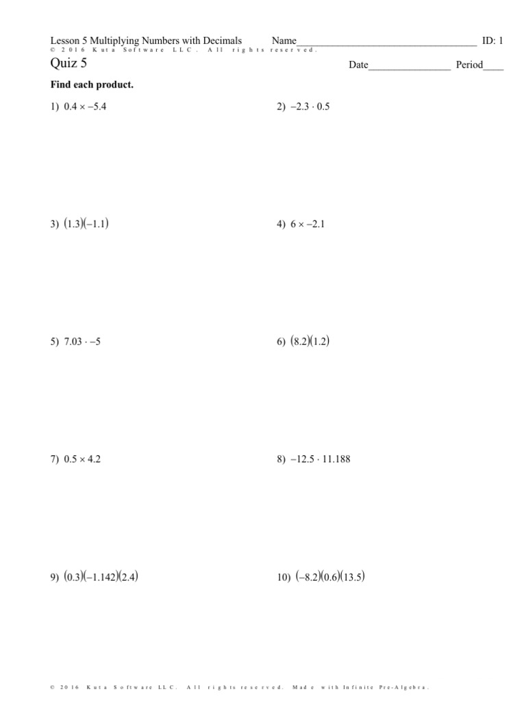 Quiz on Multiplying Decimals | PDF