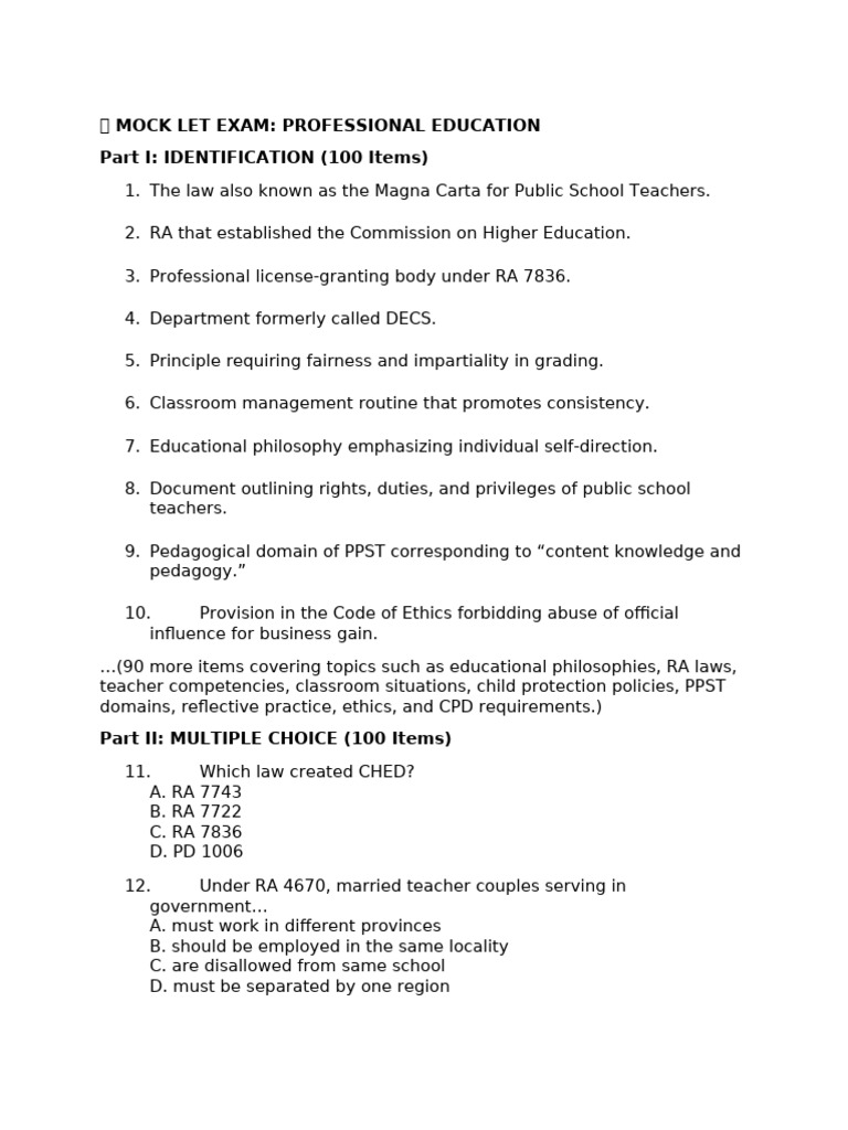 Mock LET Exam for Educators | PDF