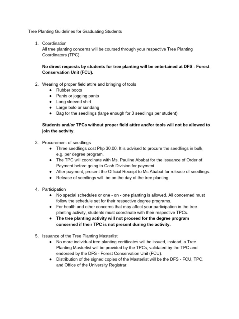 Tree Planting Guidelines For Graduating Students | PDF