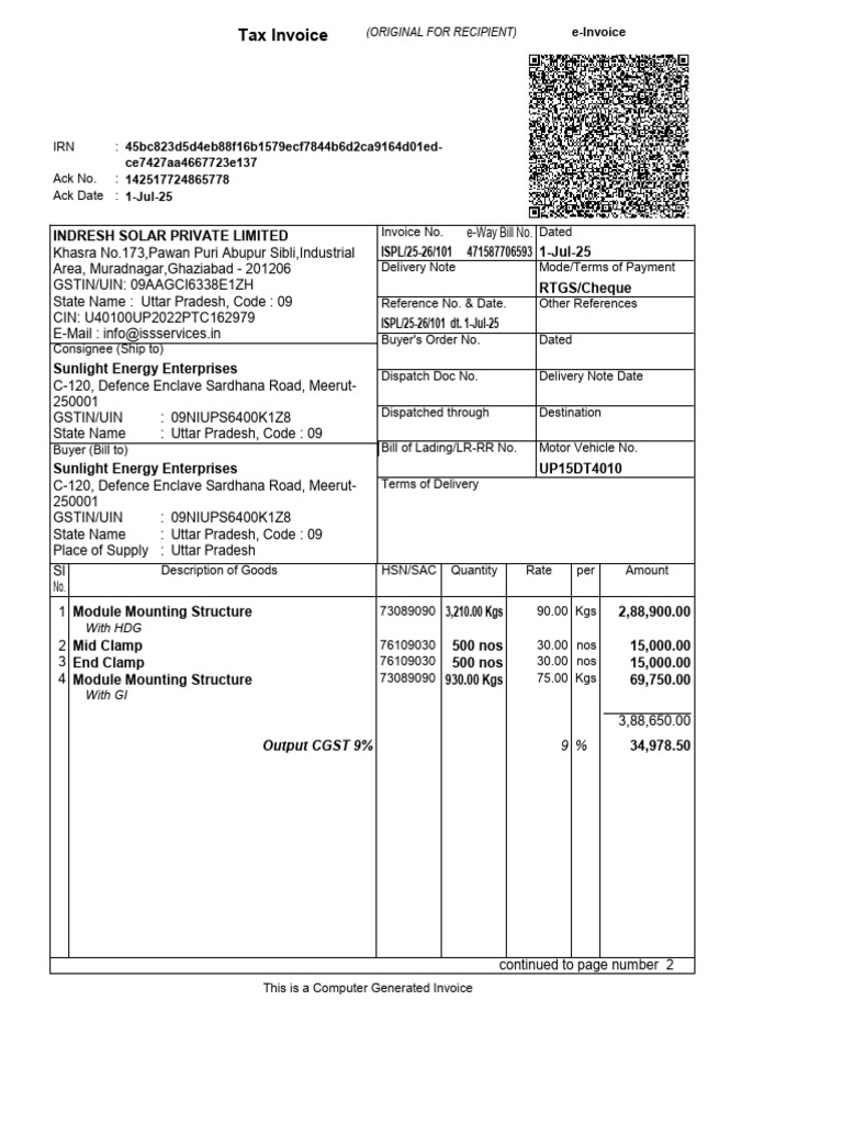 Tax Invoice No.101 (Sunlight Energy Enterprises) | PDF | Invoice | Taxes