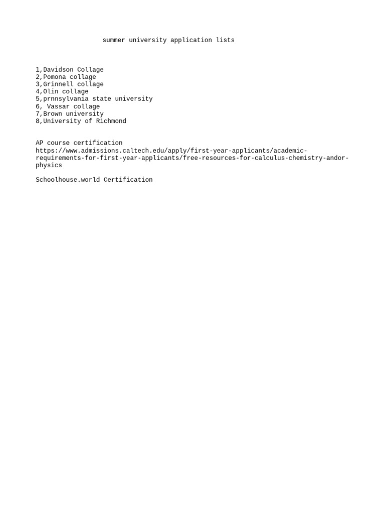 Summer University Application Lists | PDF