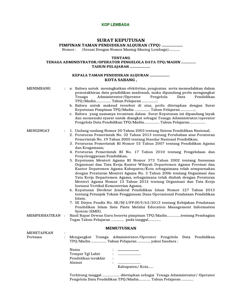 Contoh SK Operator TPQ | PDF