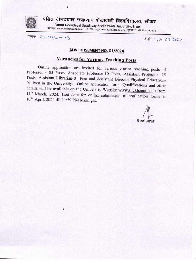 PDUSU Sikar Recruitment for Teaching & Non Teaching Postsss | PDF