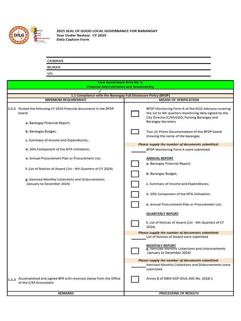 SGLG 2025 Checklist for Barangays | PDF | Banks | Emergency Management