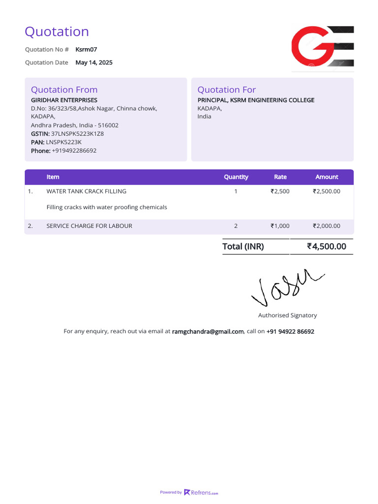 Quotation Ksrm07 Giridhar Enterprises Principal KSRM Engineering ...