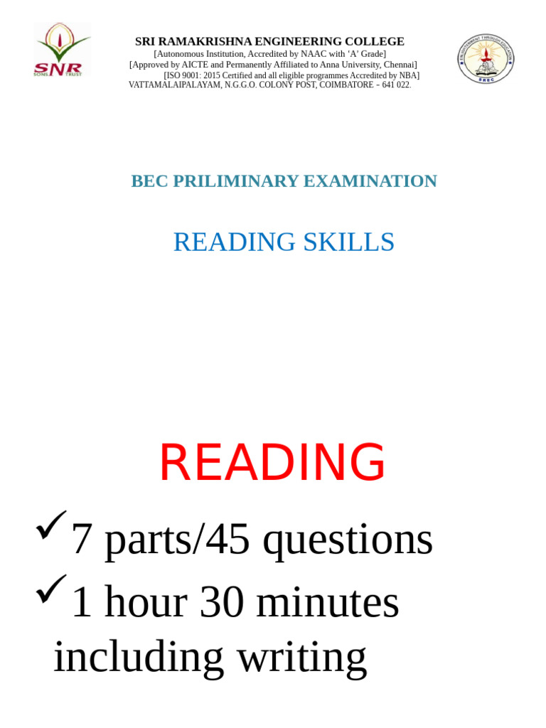 BEC Preliminary Reading Skills Exam Guide | PDF | Multiple Choice