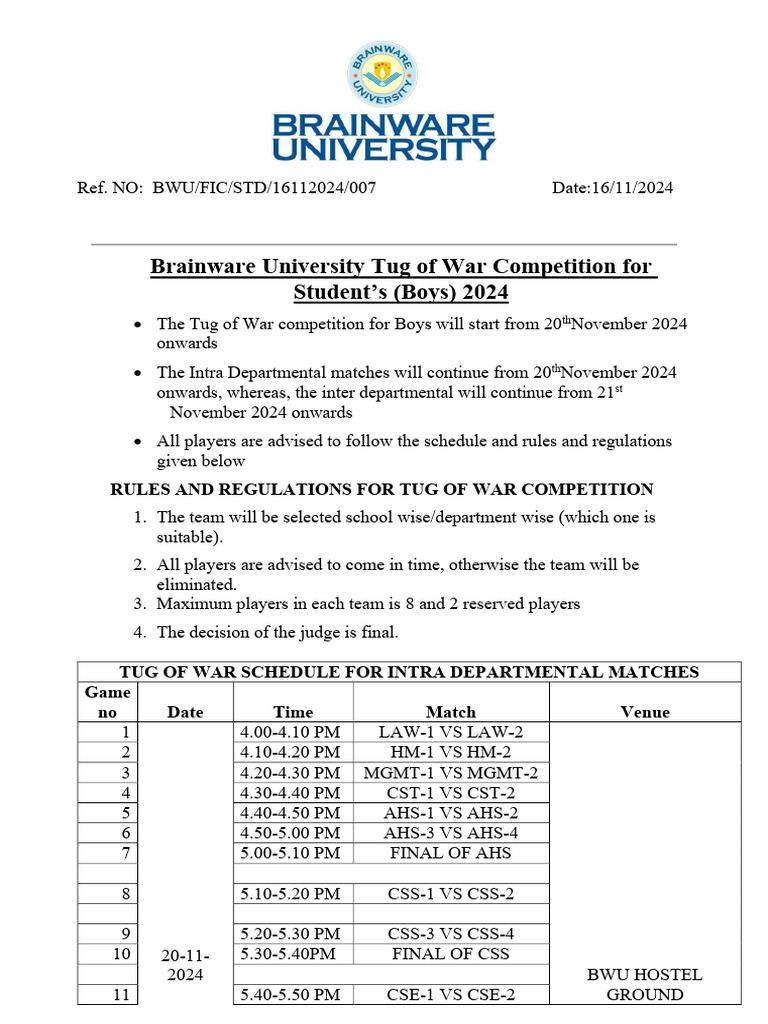 007 - Brainware University Tug of War Competition (Boys) 2024-25 | PDF