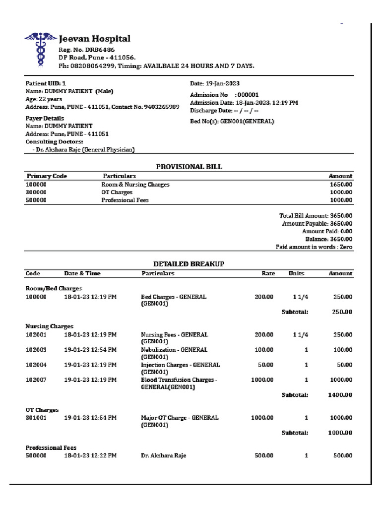 Provisional Hospital Bill | PDF