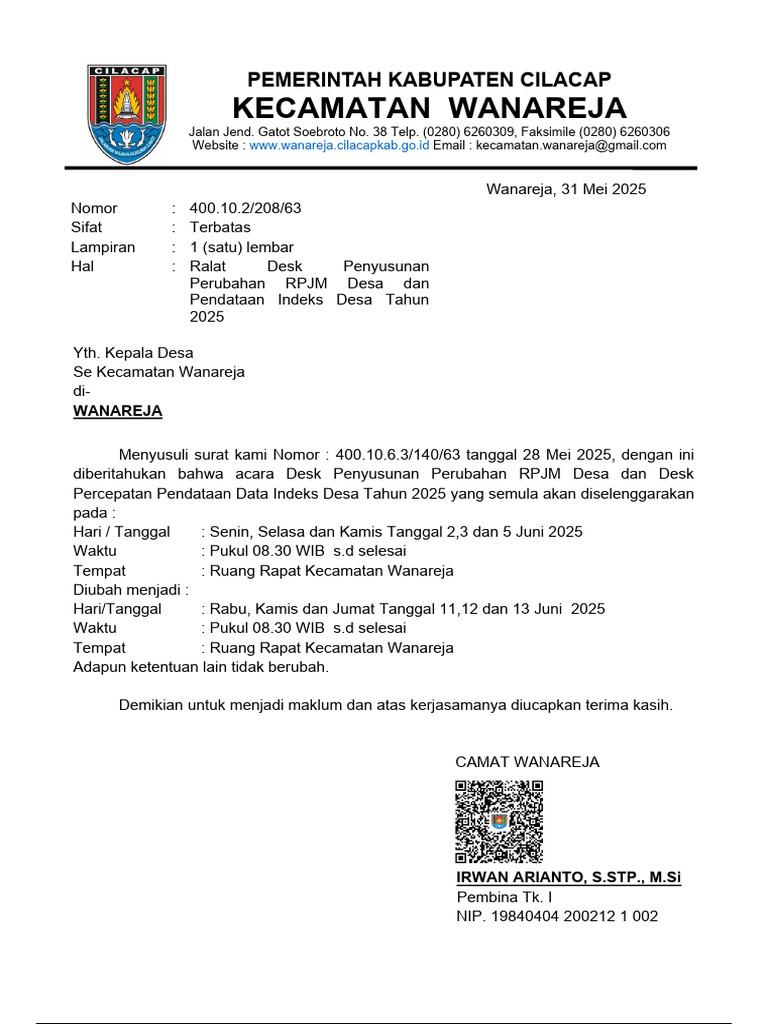 20250531085258ralat Surat Desk Rpjmdes Dan Indek Desa (1) | PDF