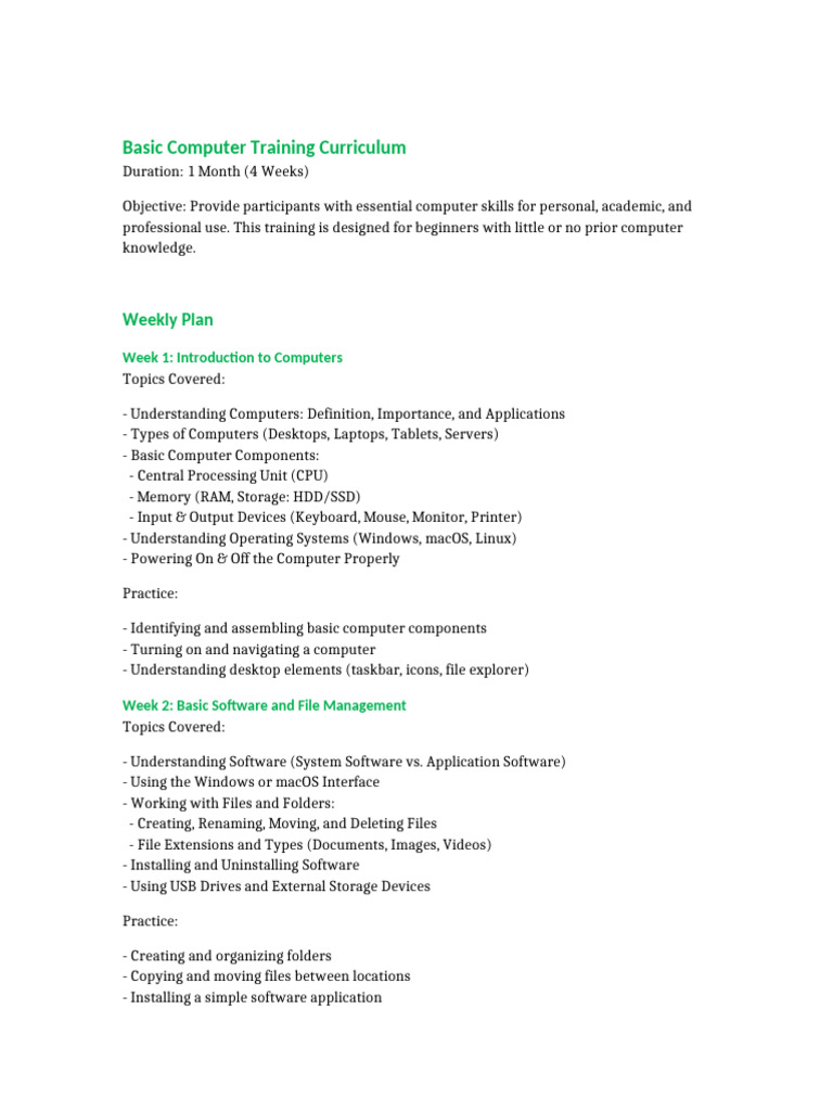 Basic Computer Training Curriculum | PDF | Computer File | Application Software