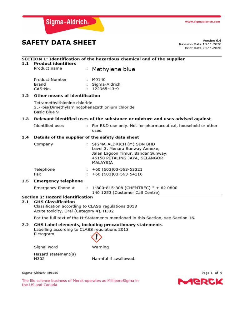Safety Data Sheet Methylene Blue English | PDF | Pollution ...