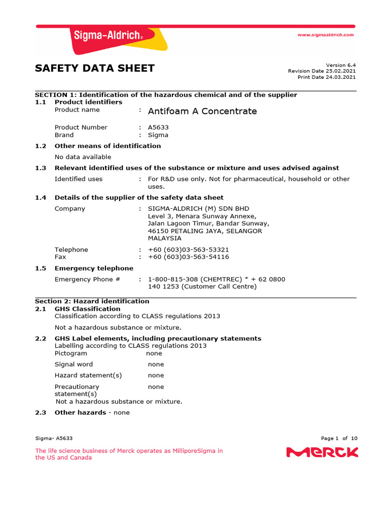 Sigma Antifoam A Concentrate Safety Data | PDF | Toxicity | Dangerous Goods