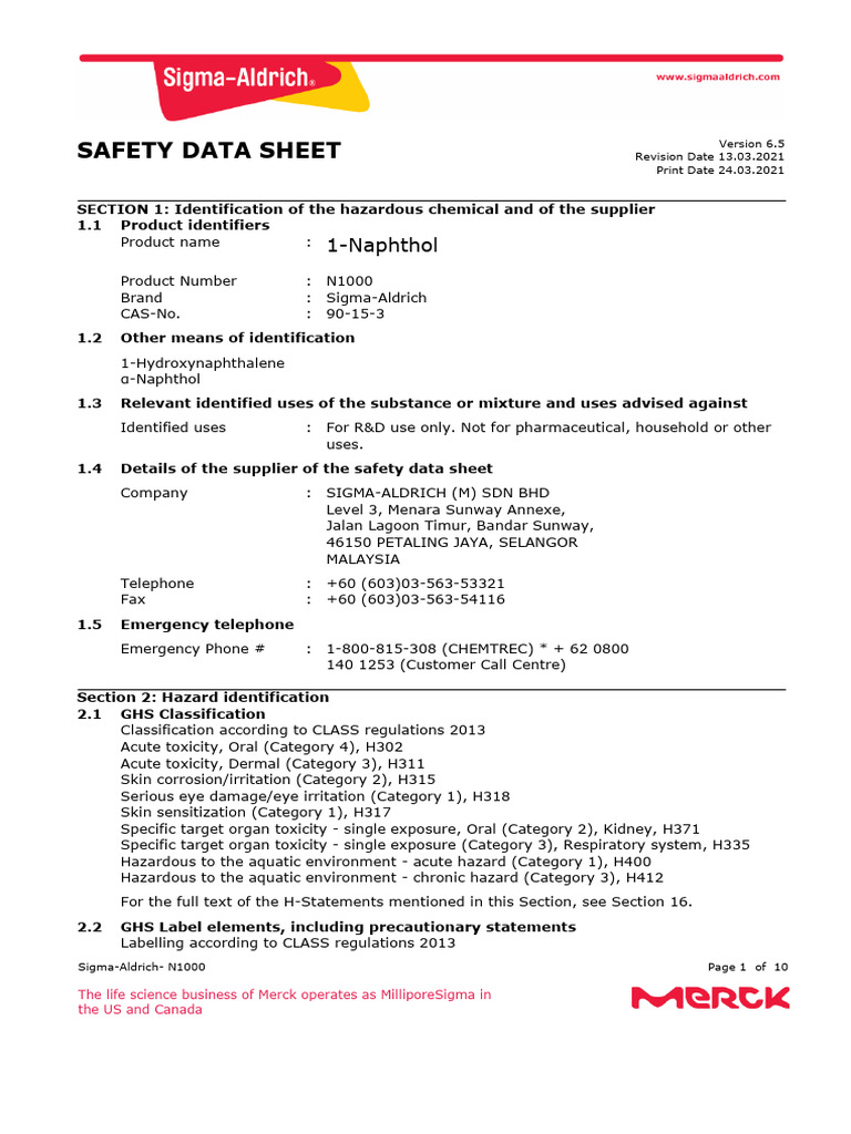 Safety Data Sheet 1 Naphtol English | PDF | Toxicity | Safety
