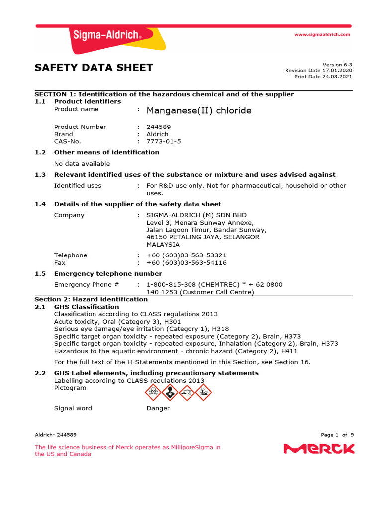 Safety Data Sheet Manganese (II) Chloride English | PDF | Workplace ...