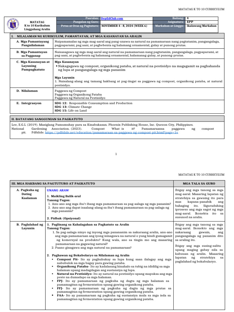 DLL Matatag - Epp 4 q2 w6 | PDF