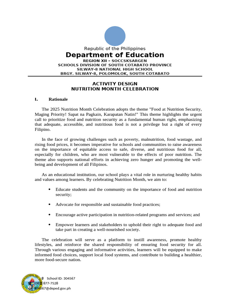 Activity Design Nutrition Month Celebration | PDF | Malnutrition ...