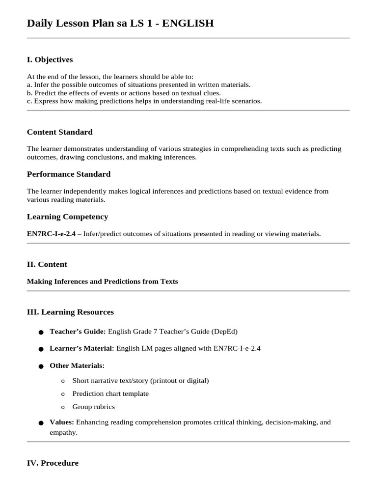Daily Lesson Plan: Inferences & Predictions | PDF | Learning | Reading ...