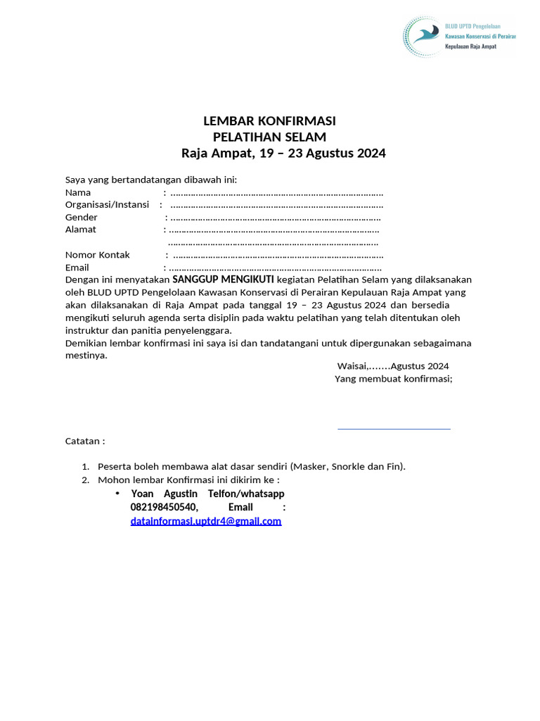 Lembar Konfirmasi Pelatihan Selam - 2024 | PDF