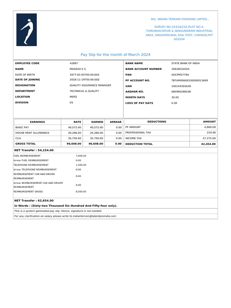 Magesh E S 2023-2024 Epayslip | PDF | Public Finance | Taxation