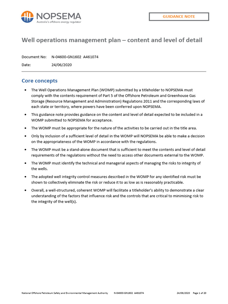 Well Operations Management Plan - Content and Level of Detail A461074 | PDF | Casing (Borehole ...