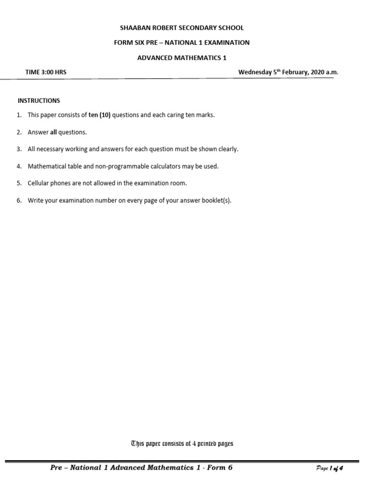 Pre - National Examination Form 6 Paper 1 | PDF | Area | Curve