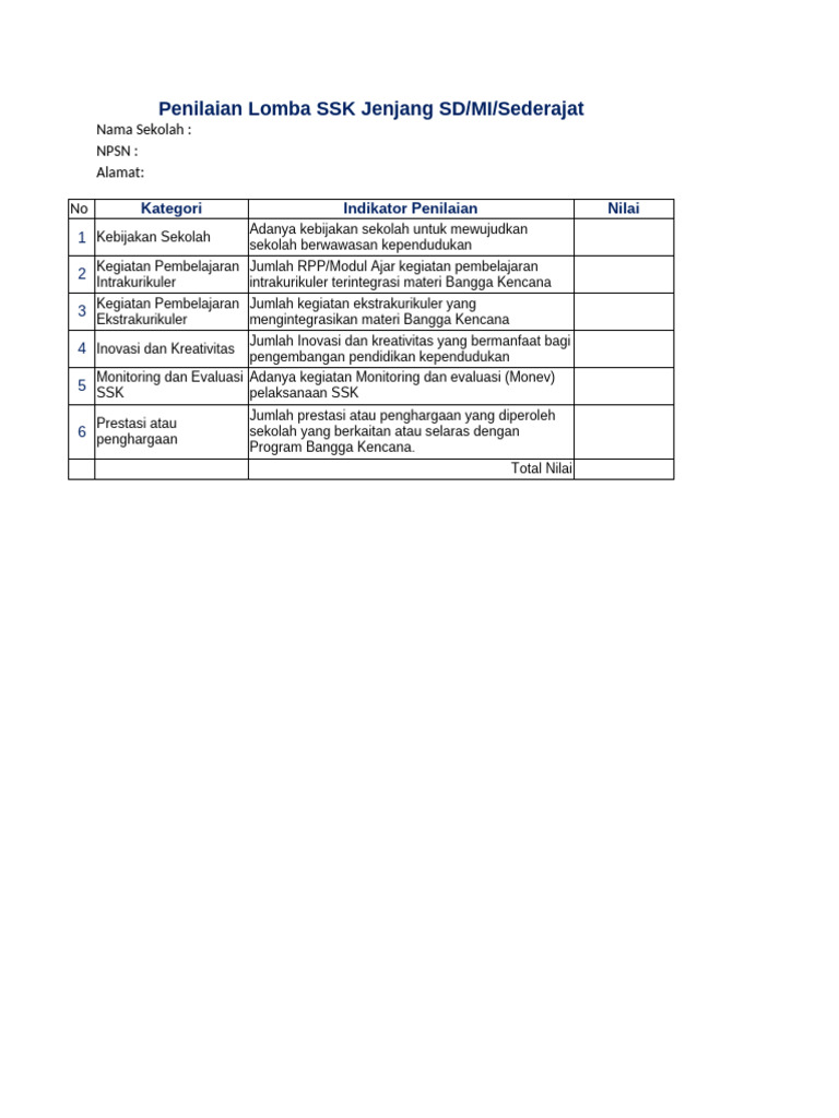 Form Penilaian Lomba SSK SD Sederajat | PDF