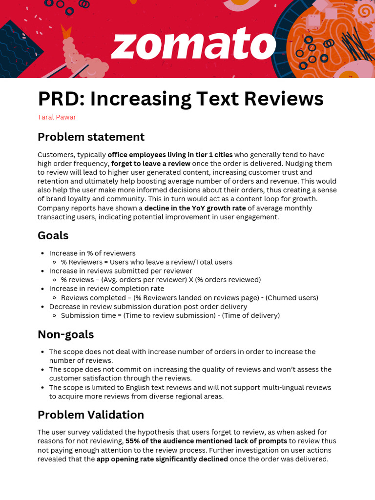 PRD Zomato Text Reviews 1729434777 | PDF | Employee Retention | Feedback