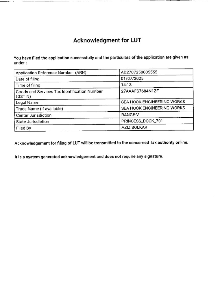 Acknowledgment For LUT: Legal Name Sea Hook Engineering Works | PDF