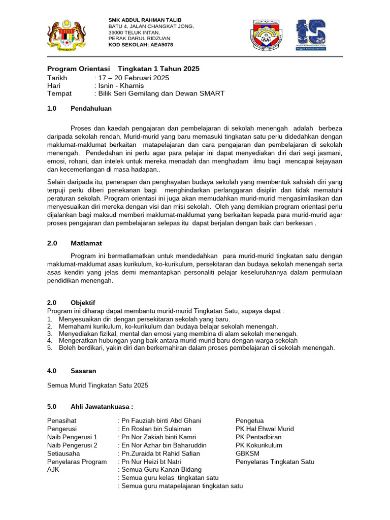 Kertas Kerja Program Orientasi Tingkatan 1 Tahun 2025 | PDF
