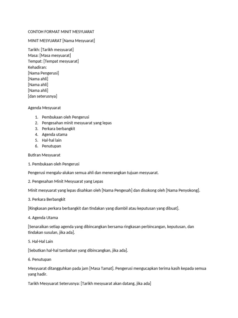 Contoh Format Minit Mesyuarat | PDF