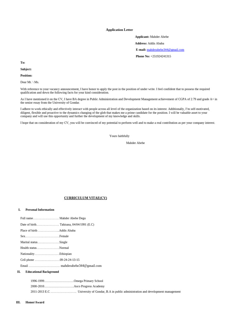 Mahder Abebe Application Letter | PDF | Communication | Human Communication