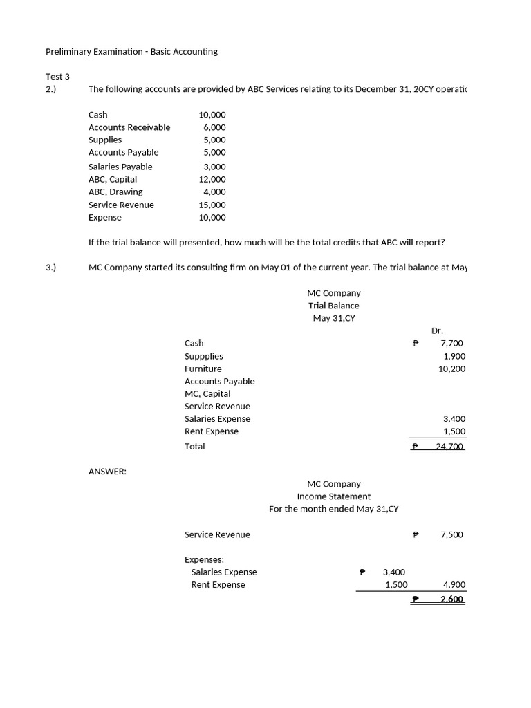 Preliminary Examination - Basic Accounting | PDF | Debits And Credits | Expense