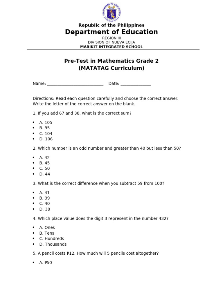 Grade 2 Math Pre-Test Questions | PDF | Mathematics