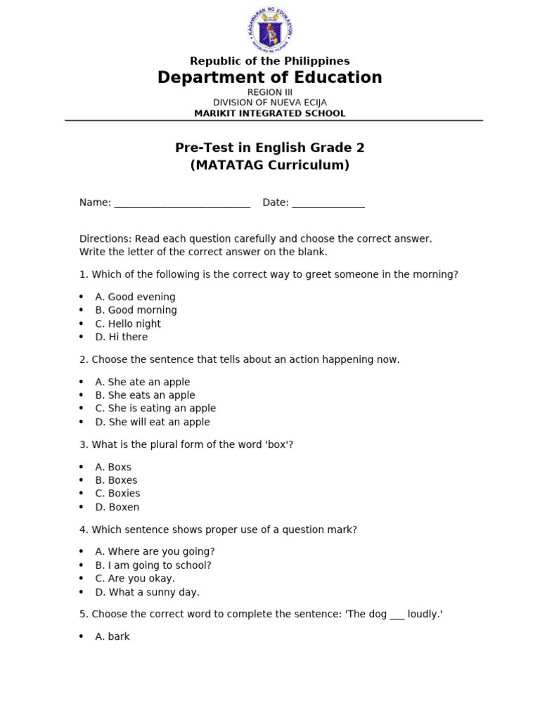 Grade 2 English Pre-Test Guide | PDF | Languages | Foreign Language Studies