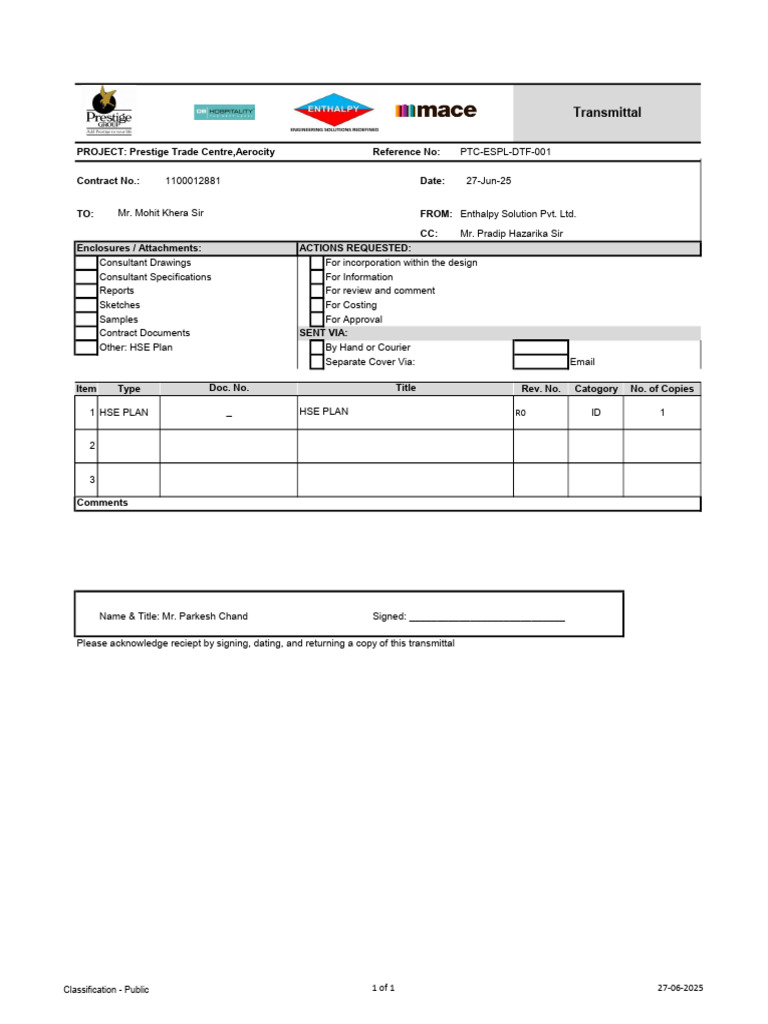 HSE Plan Transmittal for Prestige Trade Centre | PDF