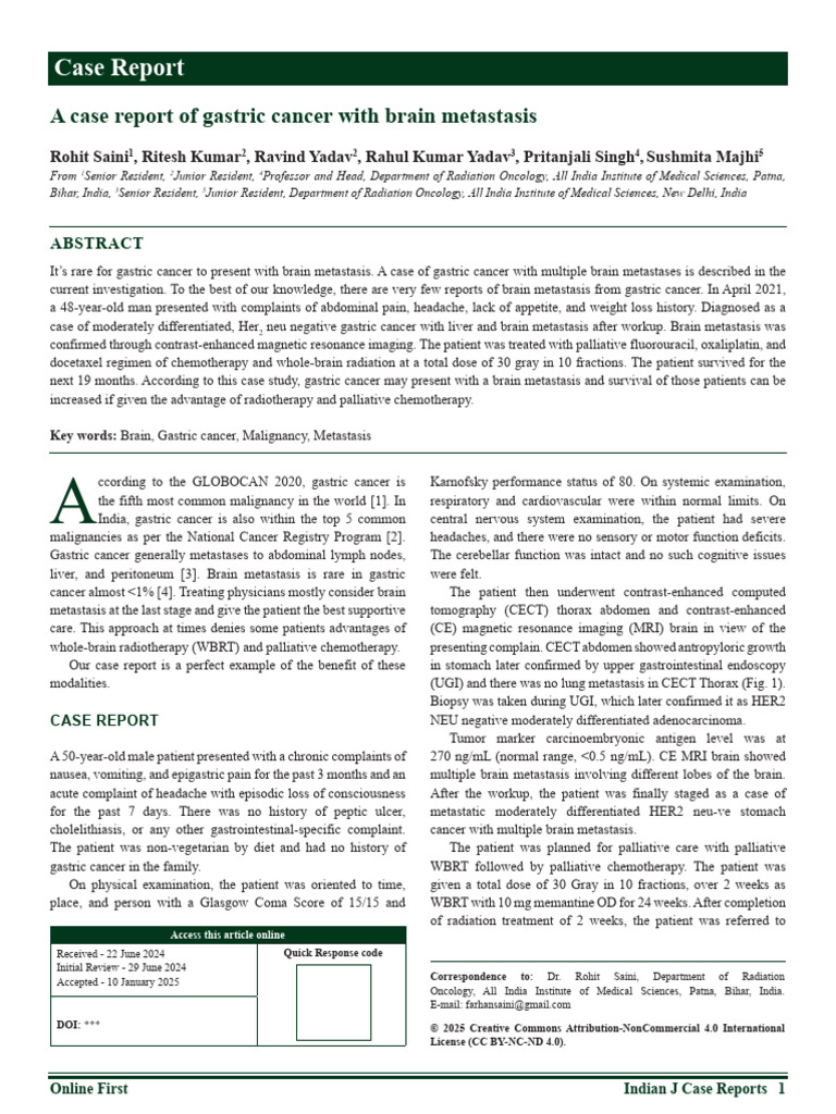 A Case Report of Gastric Cancer With Brain Metasta | PDF | Cancer ...