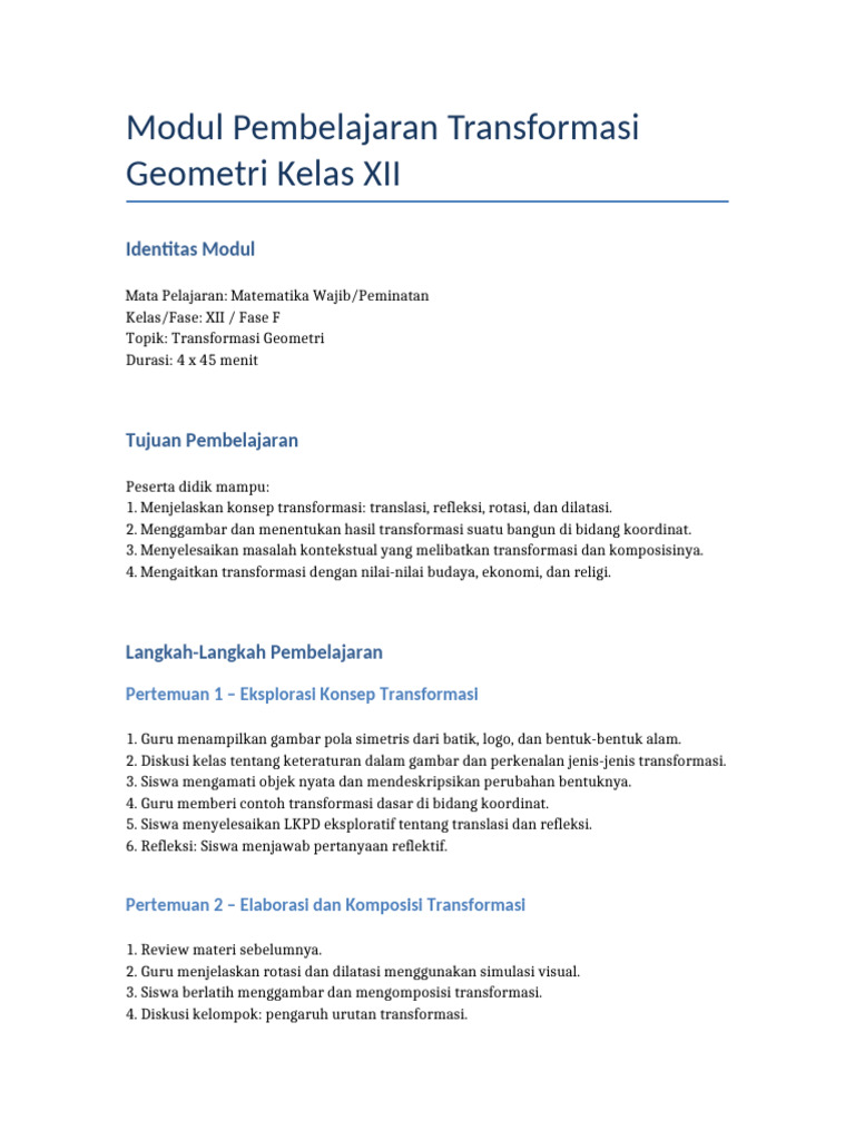 Modul Transformasi Geometri Kelas 12 Lengkap Dengan Asesmen Dan Soal | PDF