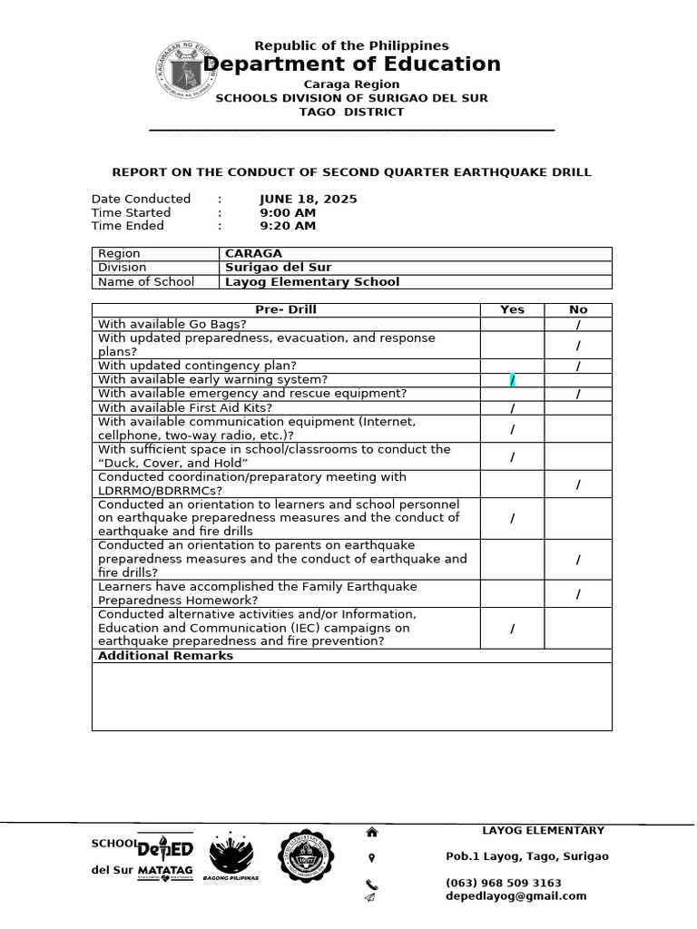 Surigao del Sur Earthquake Drill Report | PDF